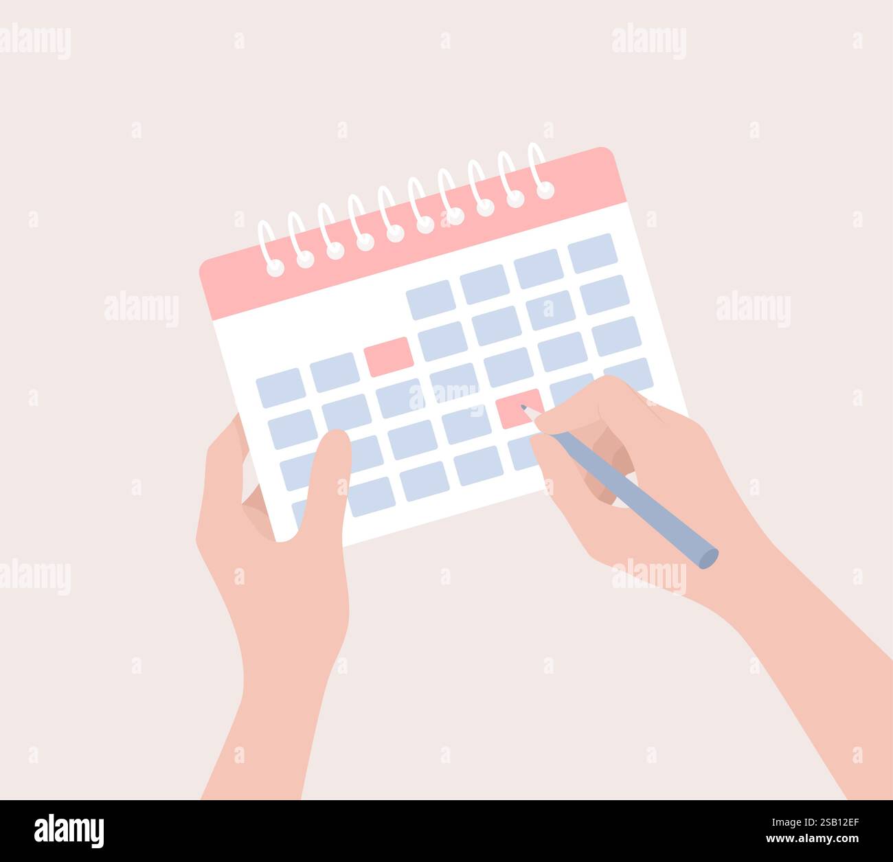 Hands holding a calendar and marking the date with a pen on it, flat ...