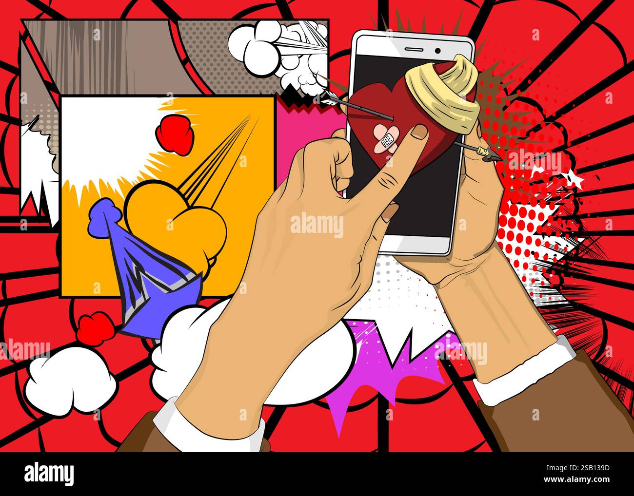 Cartoon Smartphone, comic book Telephone with Broken Heart. Retro ...