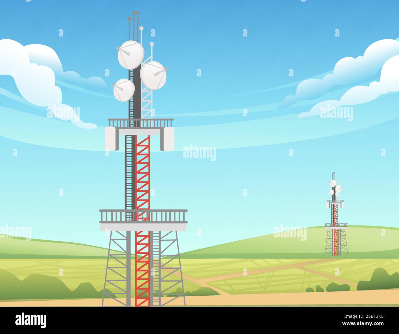 Red and white telecom tower adorned with several satellite dishes. High ...