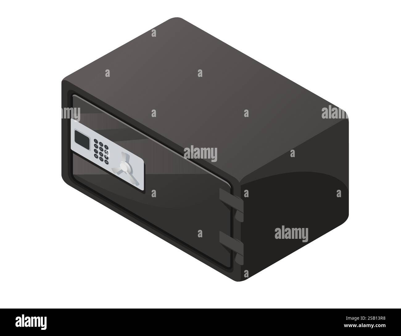 Isometric sleek black lockbox with a digital keypad on the front. Modern, compact and secure ...