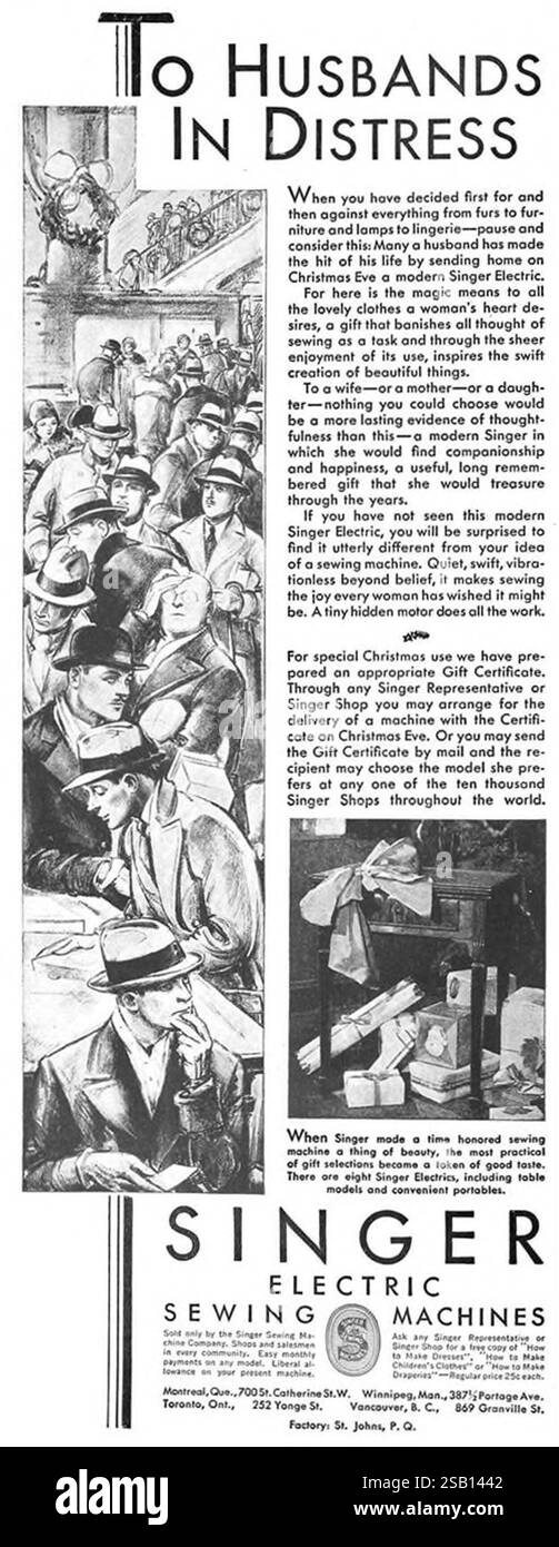 1929 Canadian Singer electric sewing machines Christmas ad - 'For ...