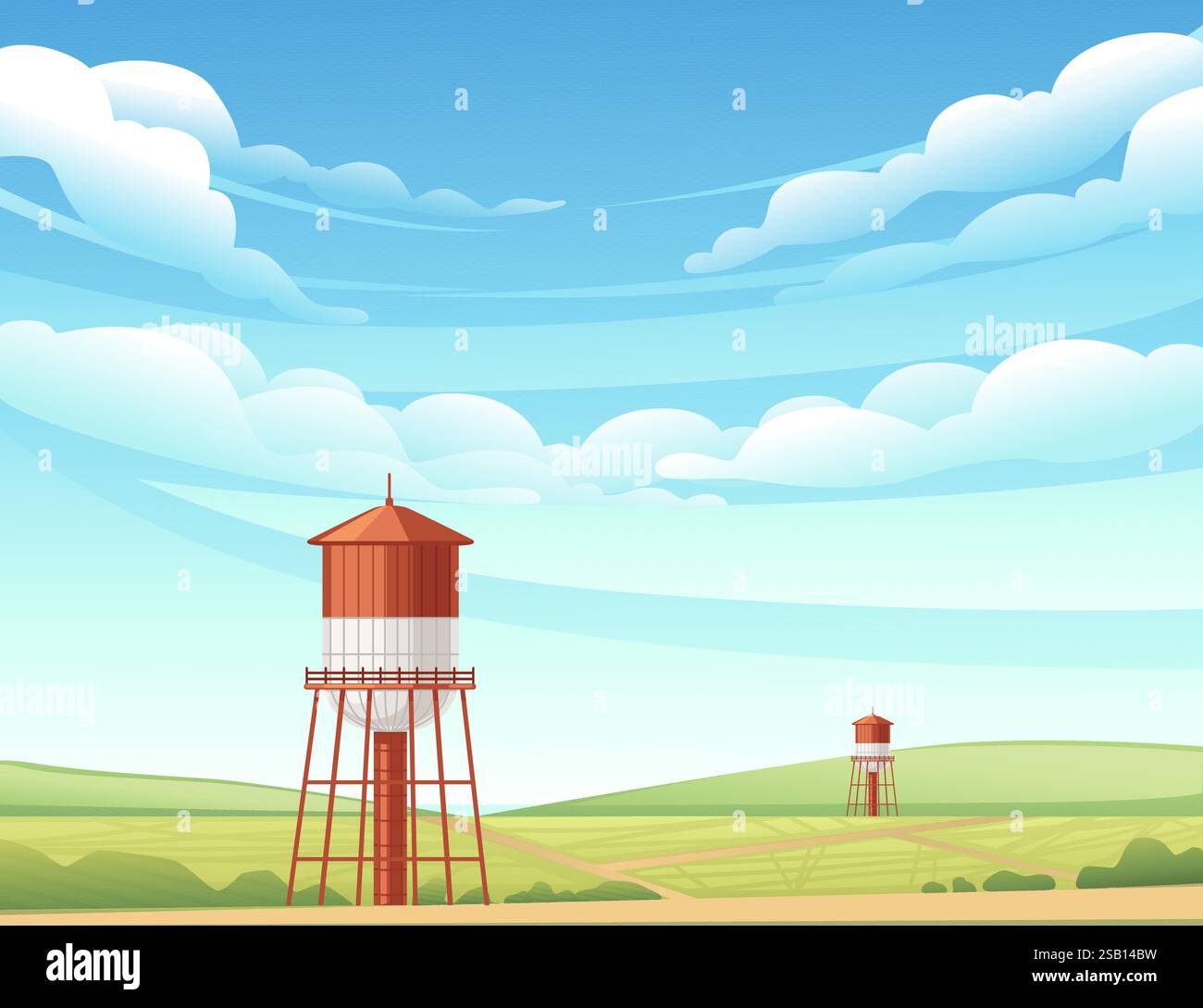 Classic rural water tower with a red top and wooden legs. Surrounded by ...