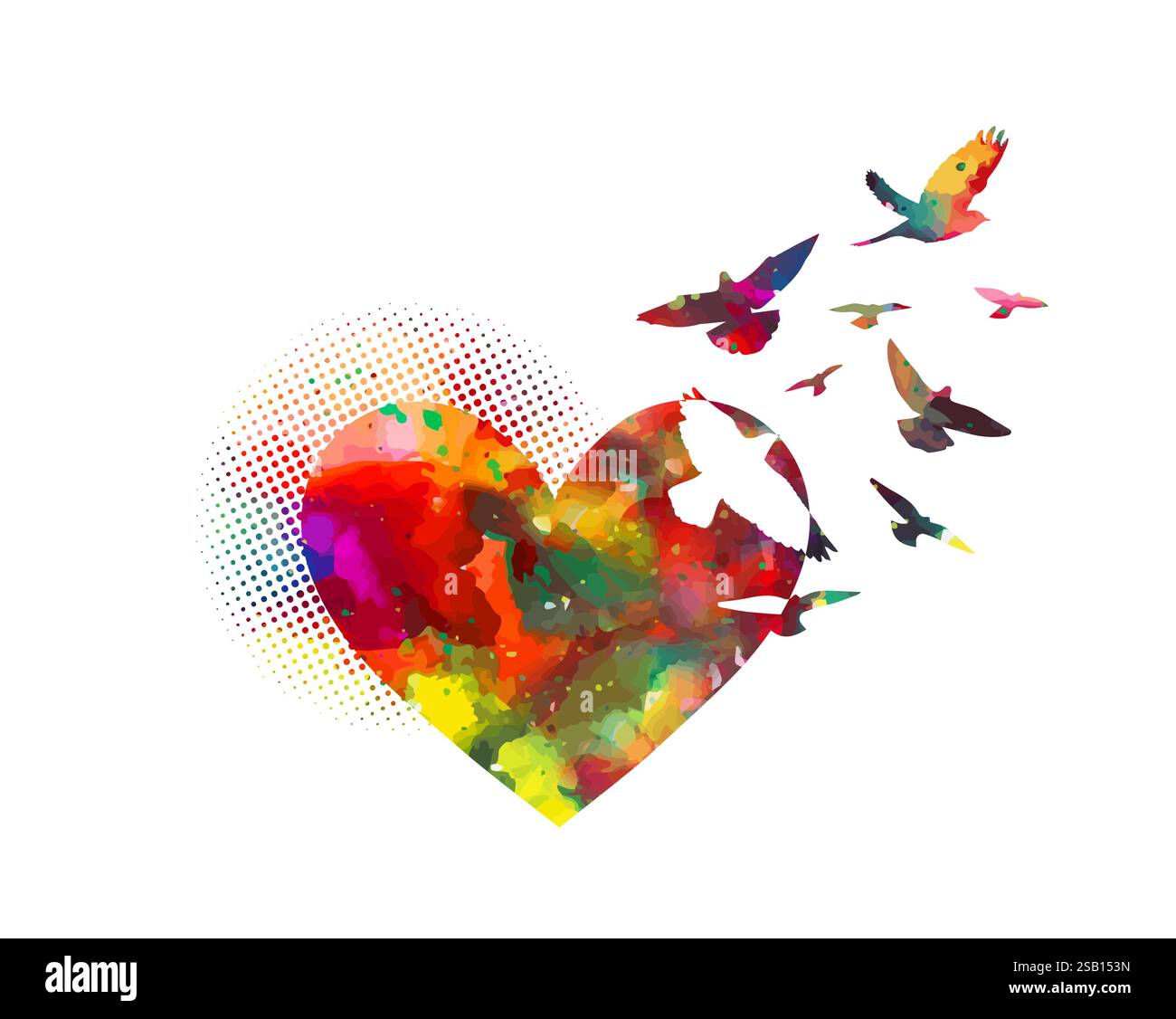 With love. Heart and colored birds. Happy Valentine's Day card. hand ...