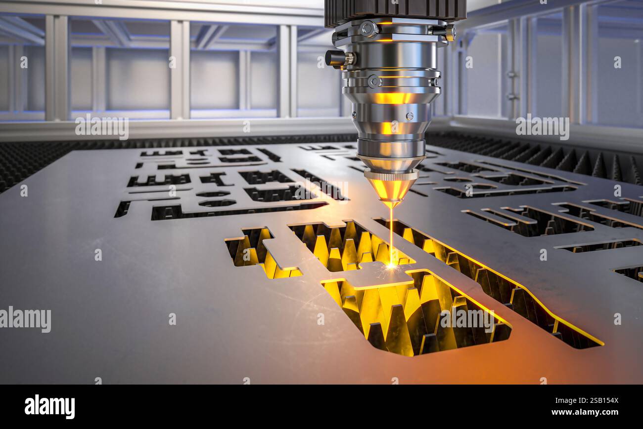 Industrial laser cutter engraving metal sheet in manufacturing plant ...