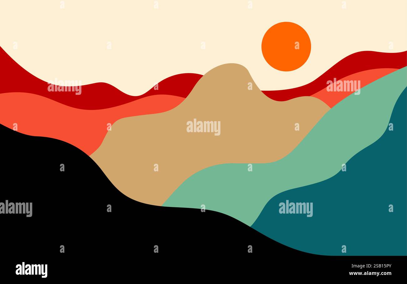 Minimal abstract sunset mountain landscape background vector Stock ...