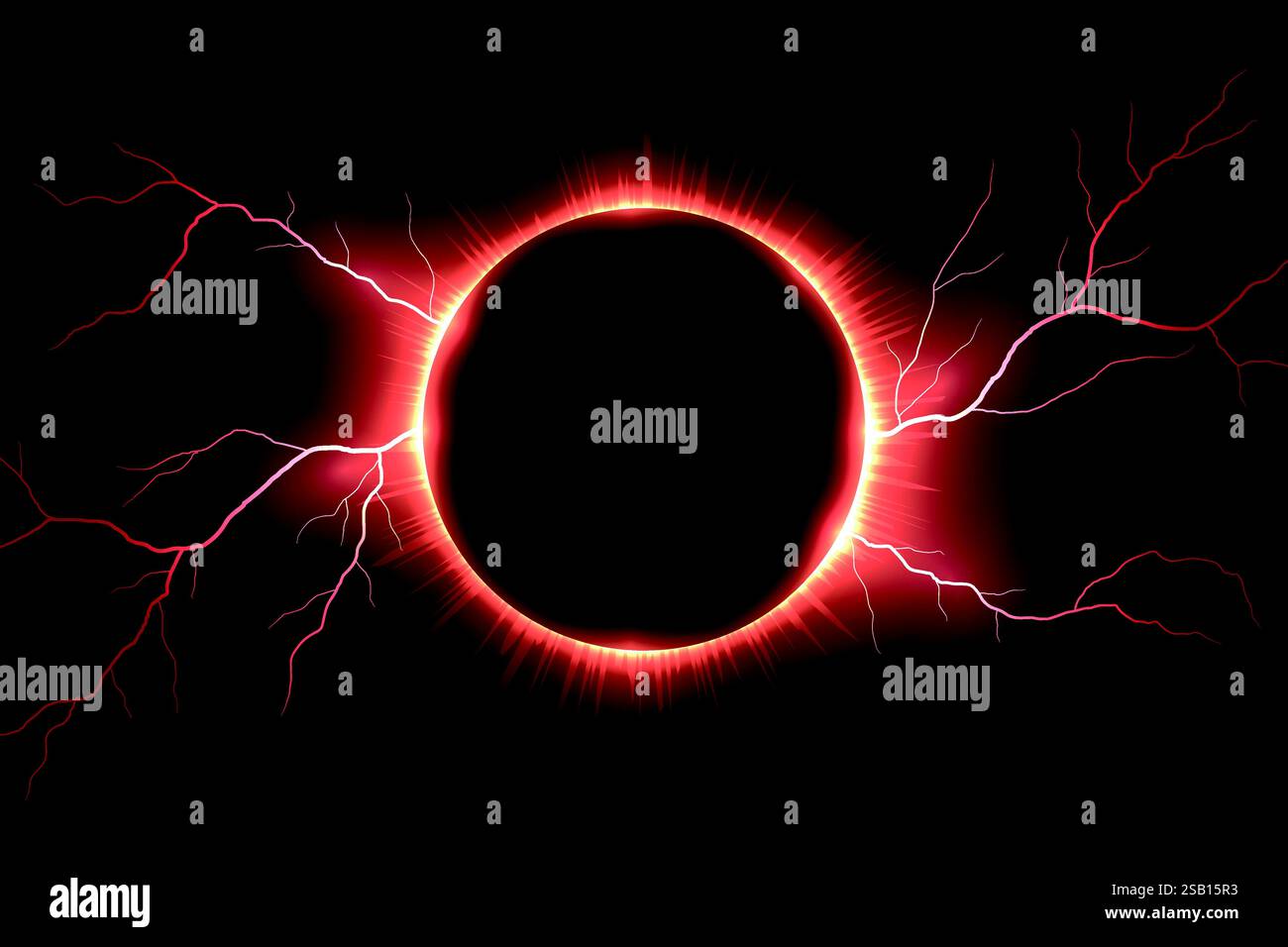 Abstract solar eclipse glowing with fiery red hues and electric ...