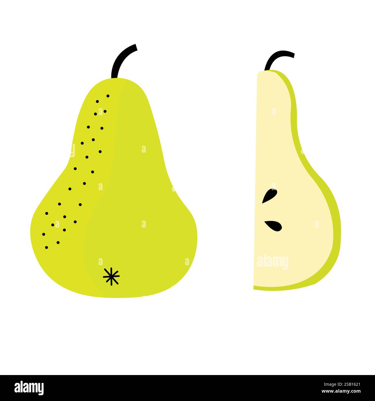 Illustration of a green pear whole and half sliced with seeds on white ...
