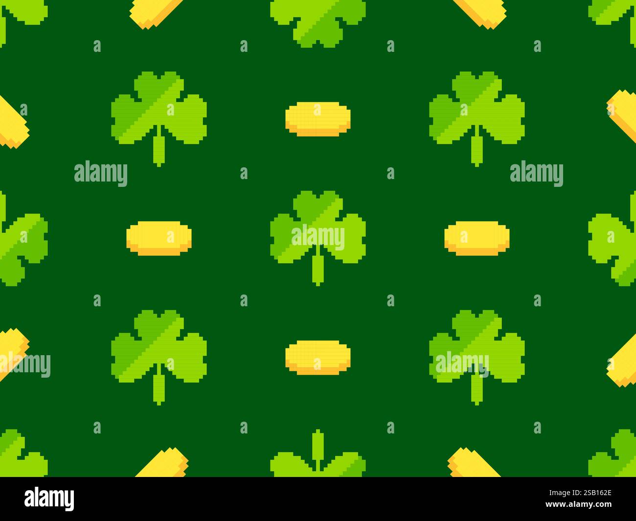 Pixel clover leaves and golden coins seamless pattern for St. Patrick's ...