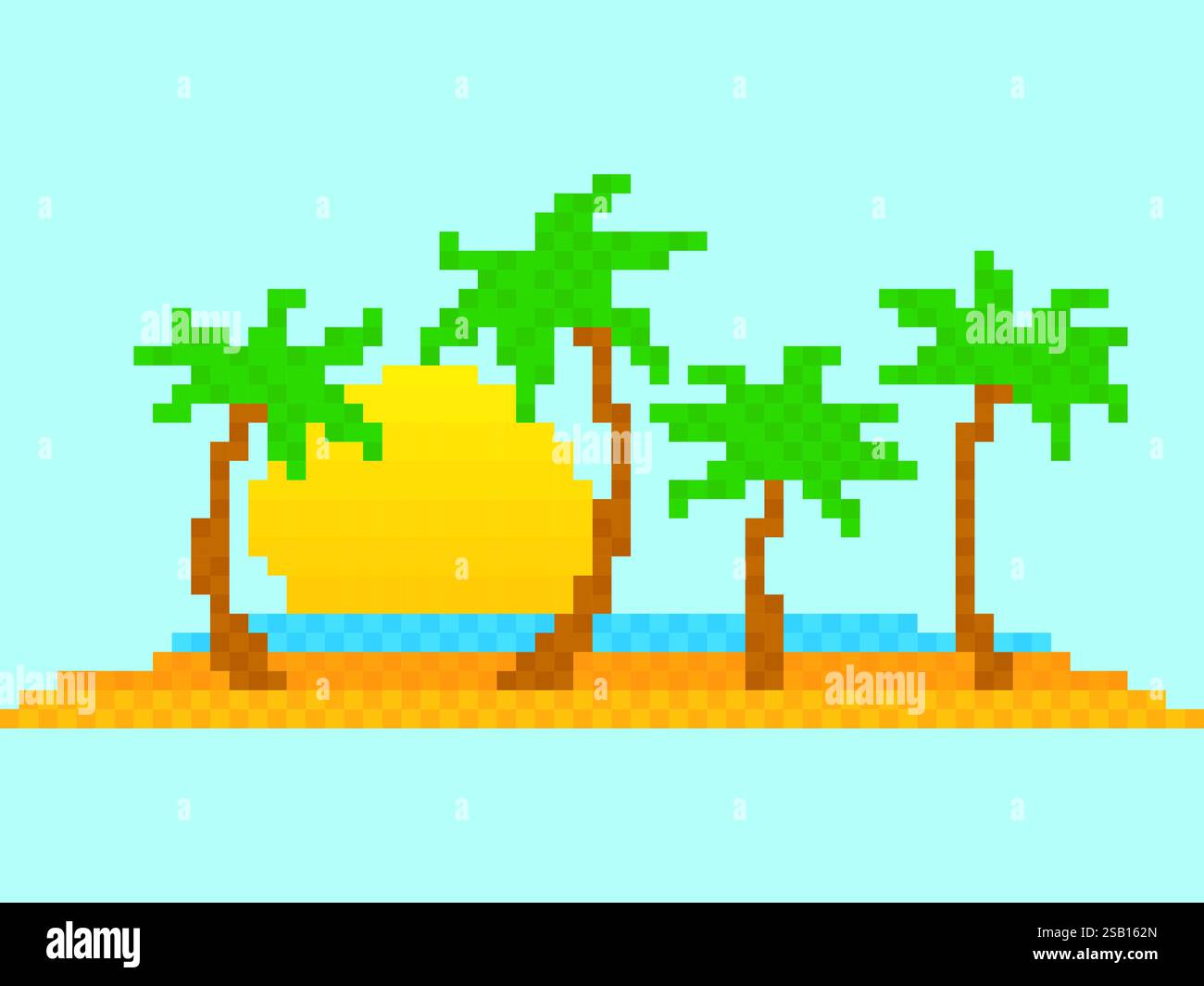 Pixel landscape with palm trees, coastline and sun. Pixel tropical palm ...