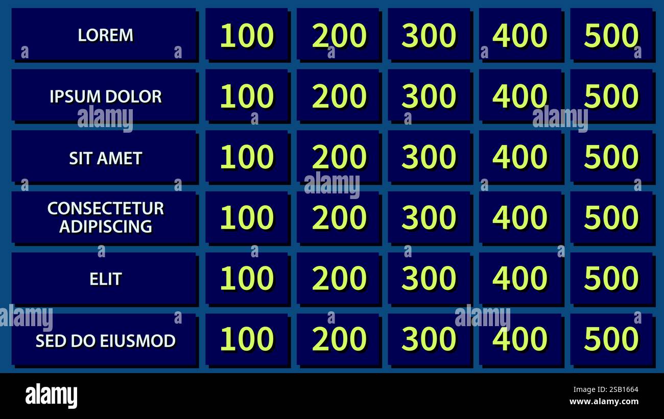 Blue game board featuring columns of categories and amounts in a quiz ...