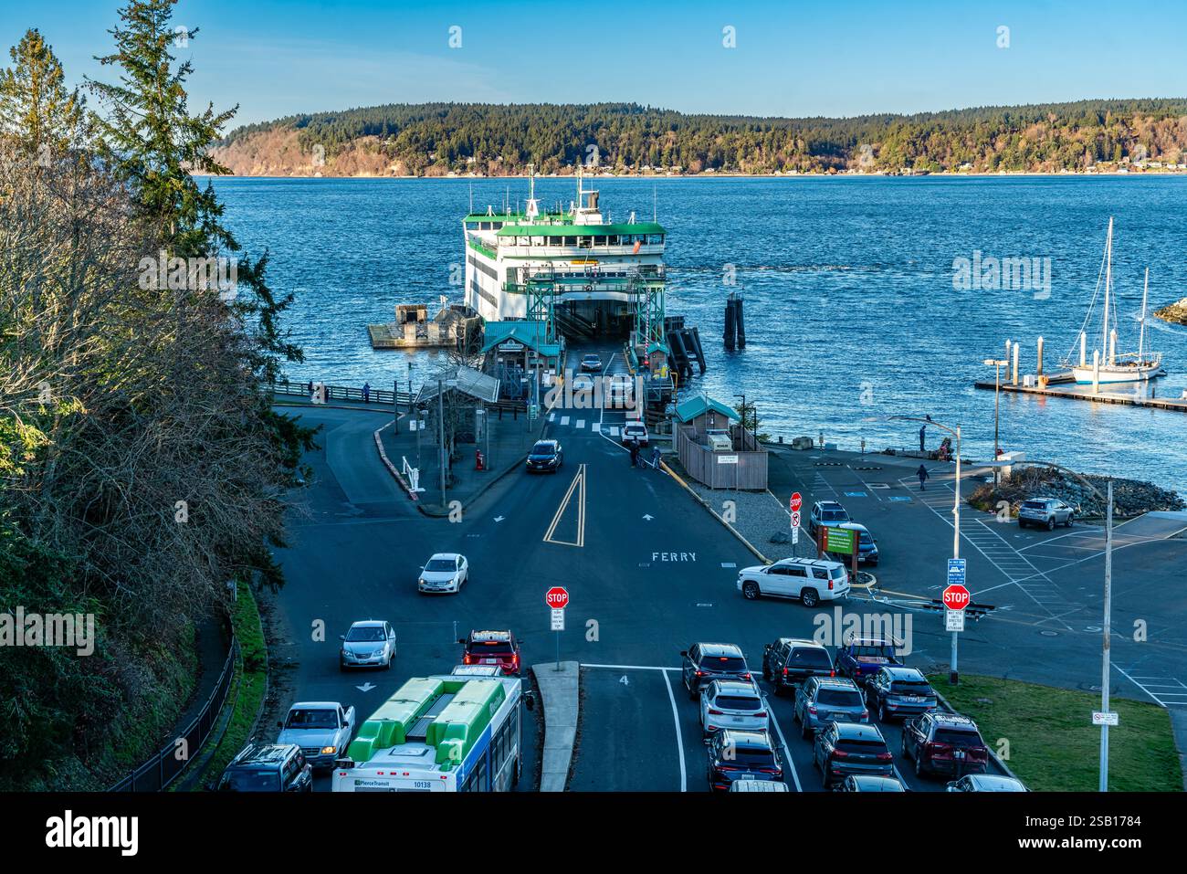 A view of a ferry docked at Point Definance Park in Tacomaa, Washington ...