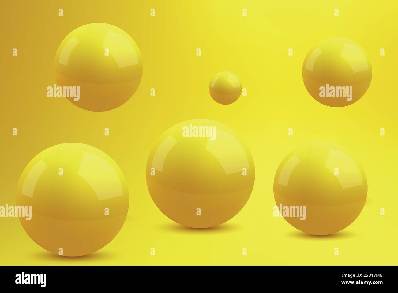 Glossy yellow spheres resting and floating on a vibrant yellow surface ...