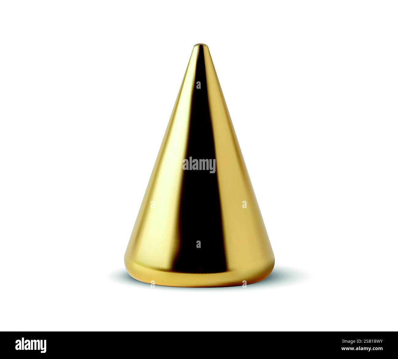A sleek, golden cone with a reflective surface placed on a clean white ...