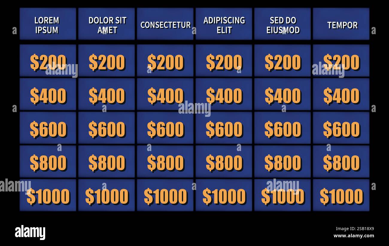 Blue game board featuring columns of categories and amounts in a quiz ...