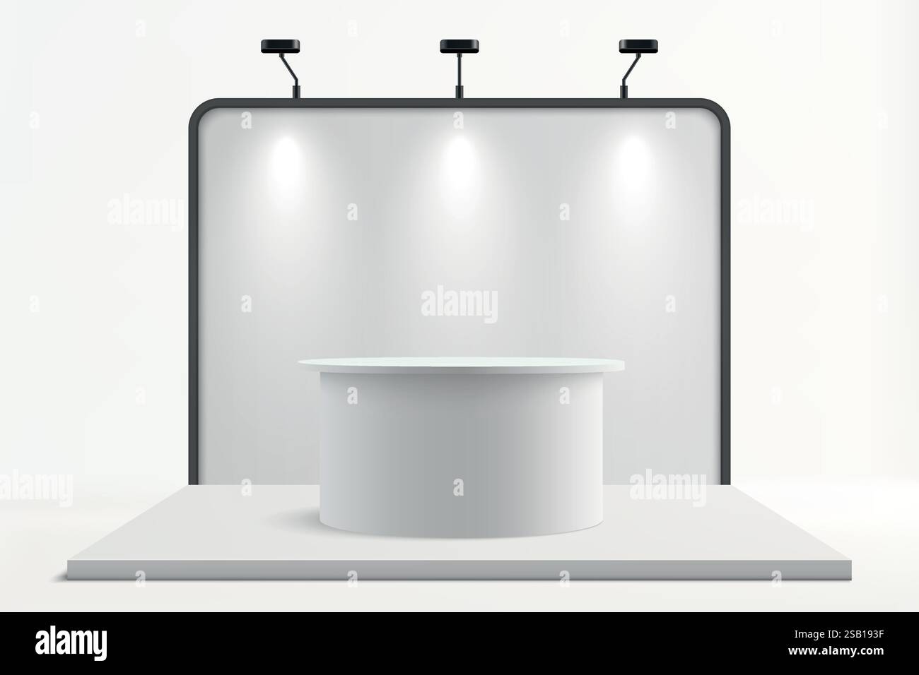 A modern exhibition booth featuring a white cylindrical platform and ...