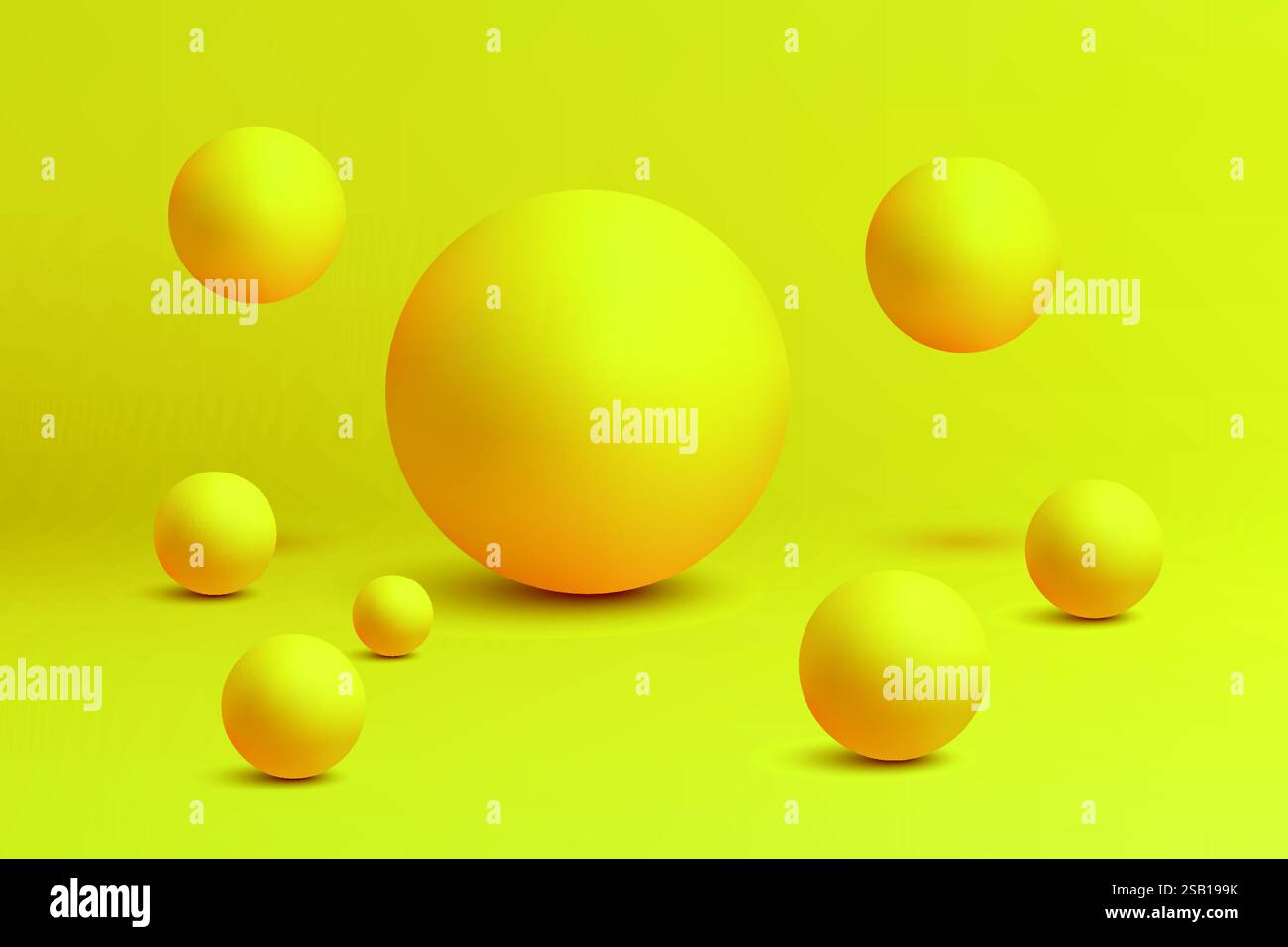 Glossy yellow spheres resting and floating on a vibrant yellow surface ...