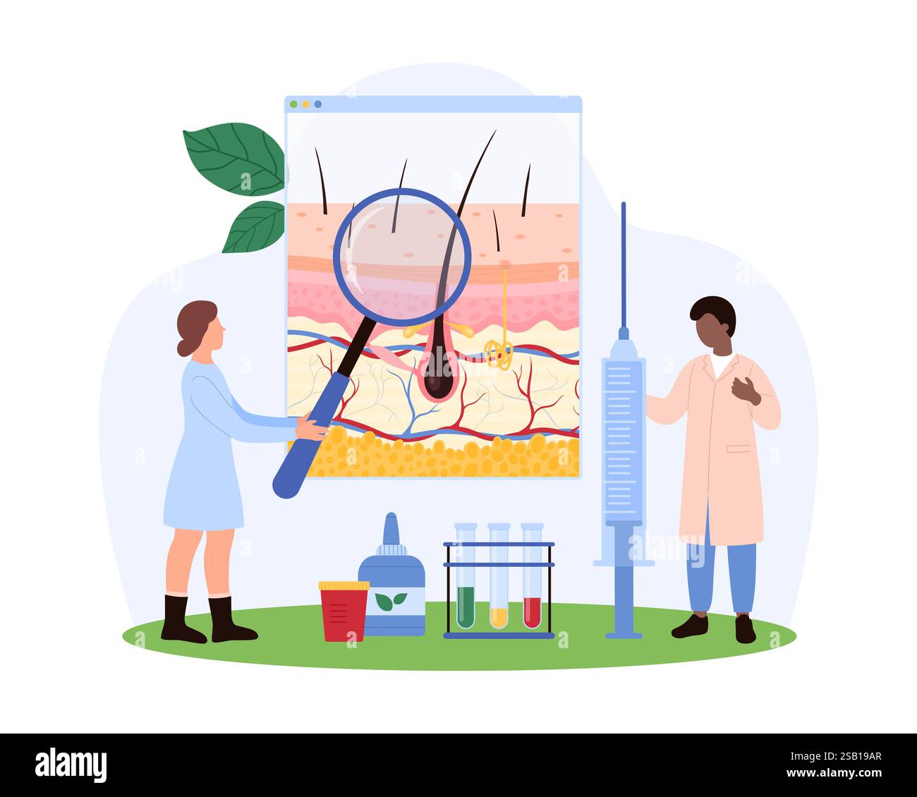 Tiny people examining skin and hair health, focusing on dermatology and ...