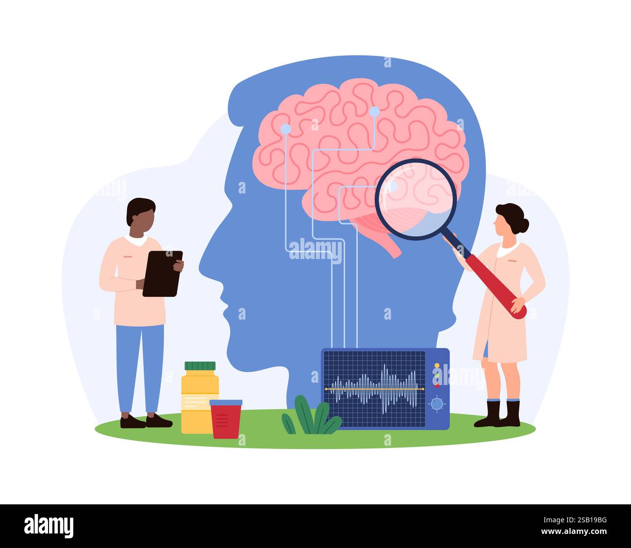 Tiny people examining brain functions, studying neurological activity and health, focusing on ...