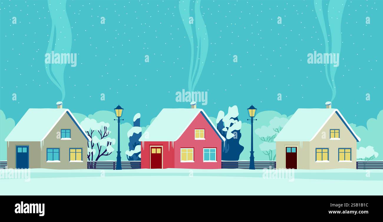 Winter street in suburban town. Vector illustration of houses, empty ...