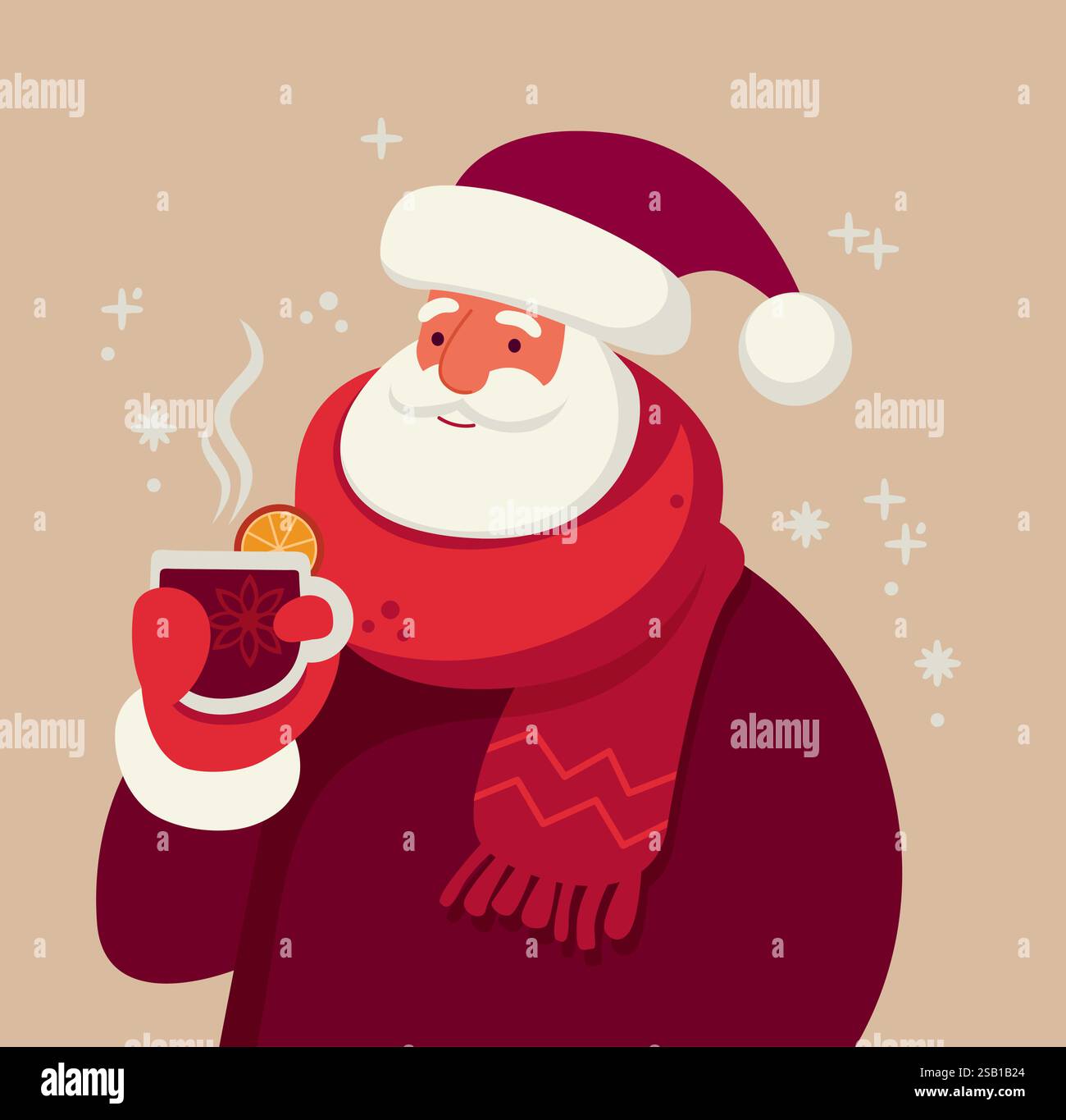 Santa Claus cartoon character drinking hot mulled wine. Flat vector ...