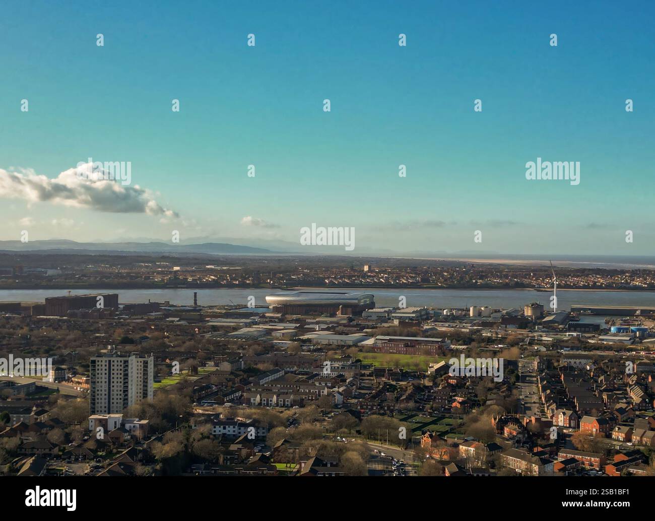 An aerial view of the city skyline and Bramley Dock in Liverpool, UK ...