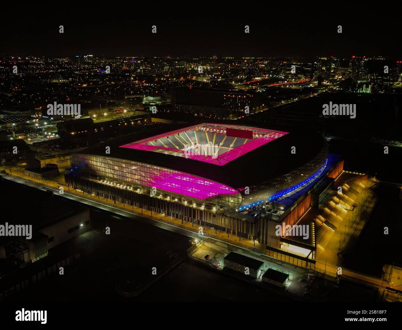 An aerial view of the Everton Stadium at Bramley-Moore Dock in ...