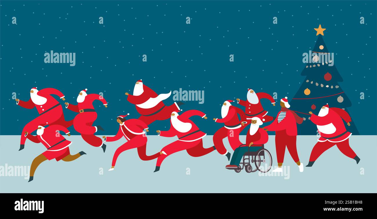 People characters participants of Santa fun race marathon. Flat vector ...