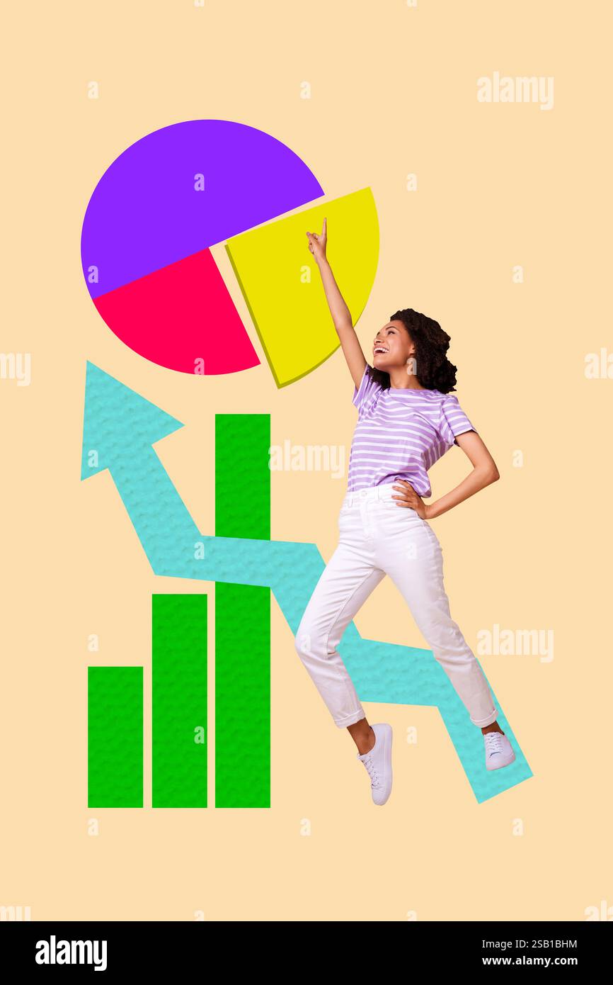 Vertical photo collage of happy american girl stand arrow success ...