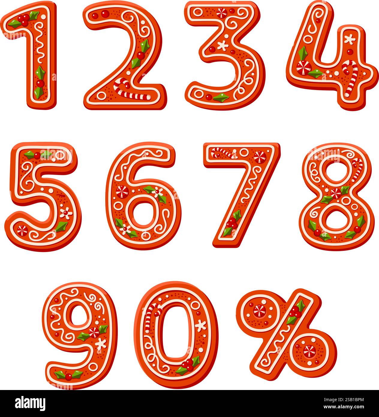 Gingerbread cookie numbers set. Christmas Decorated Sweet biscuit ...