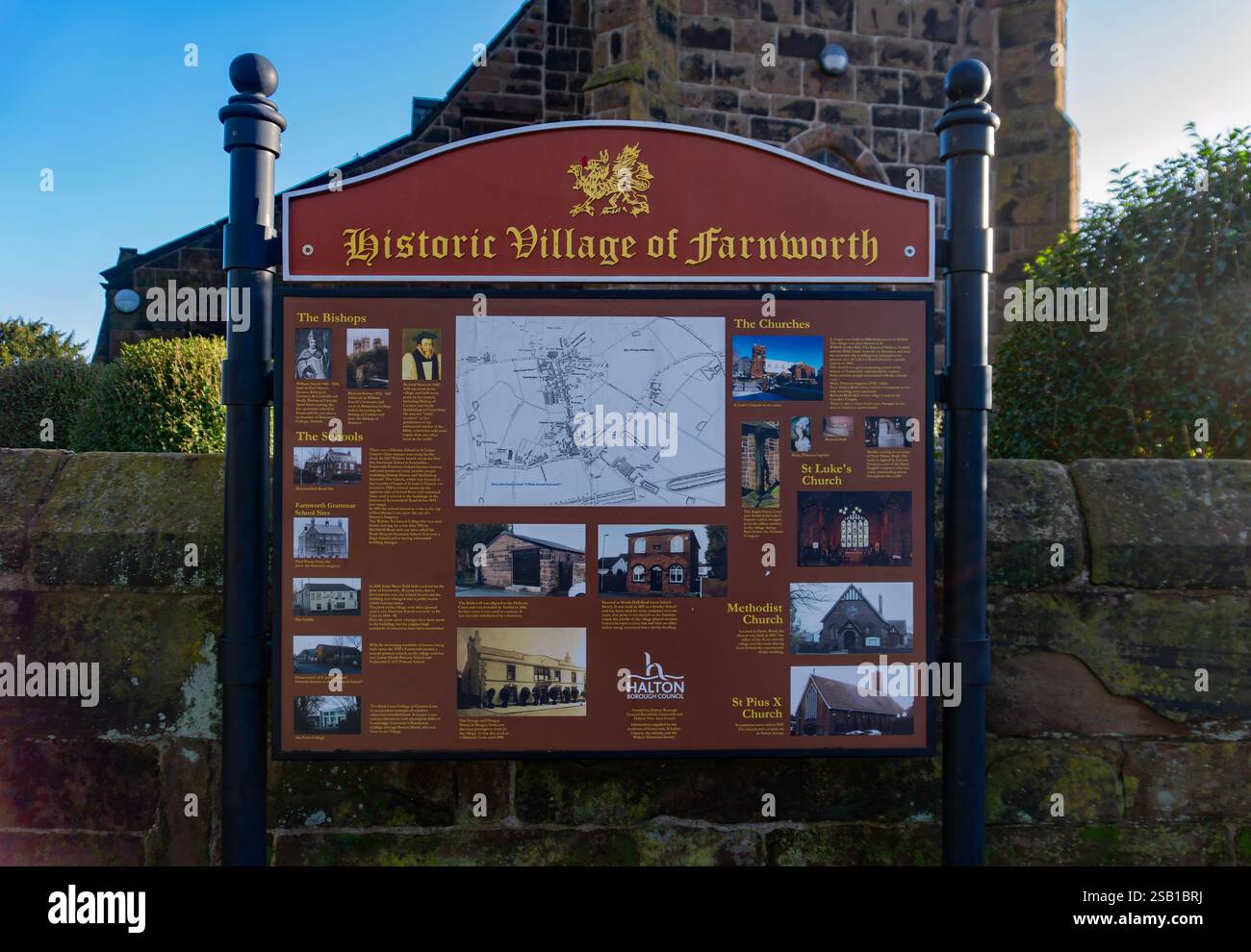 A tourist sign in the historic village of Farnworth, Cheshire, UK Stock ...