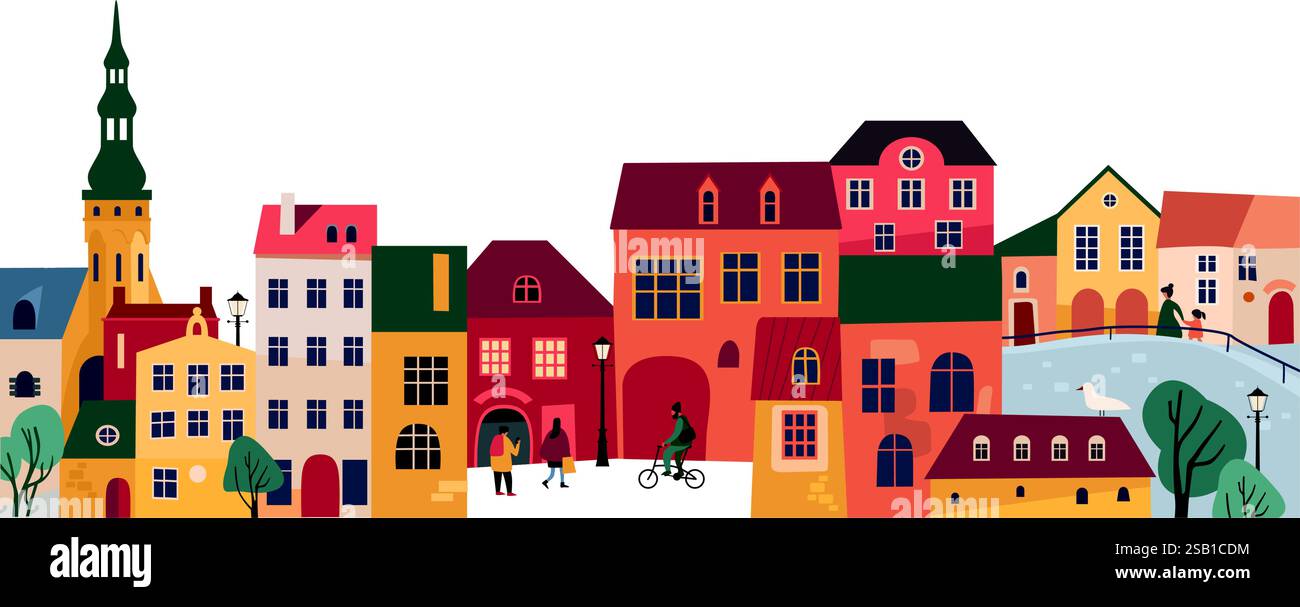 Cute vintage houses, city buildings. Medieval town panorama. Old street ...