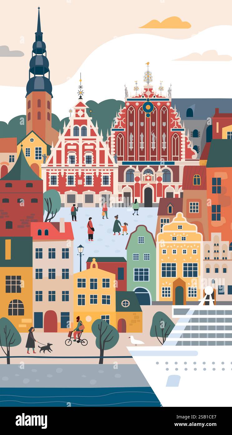 Vertical view of old part of Riga. Famous buildings symbols and ...