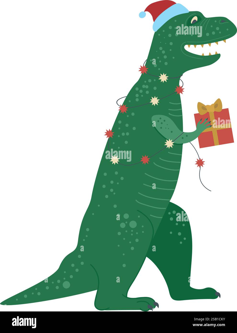Funny dinosaur T-Rex with Christmas garland holding present box. Flat ...