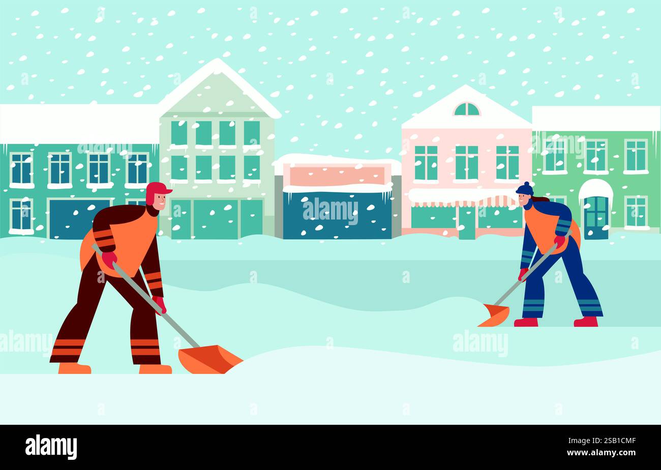 Snow removal. Man and woman remove ice and snowdrift with shovels ...