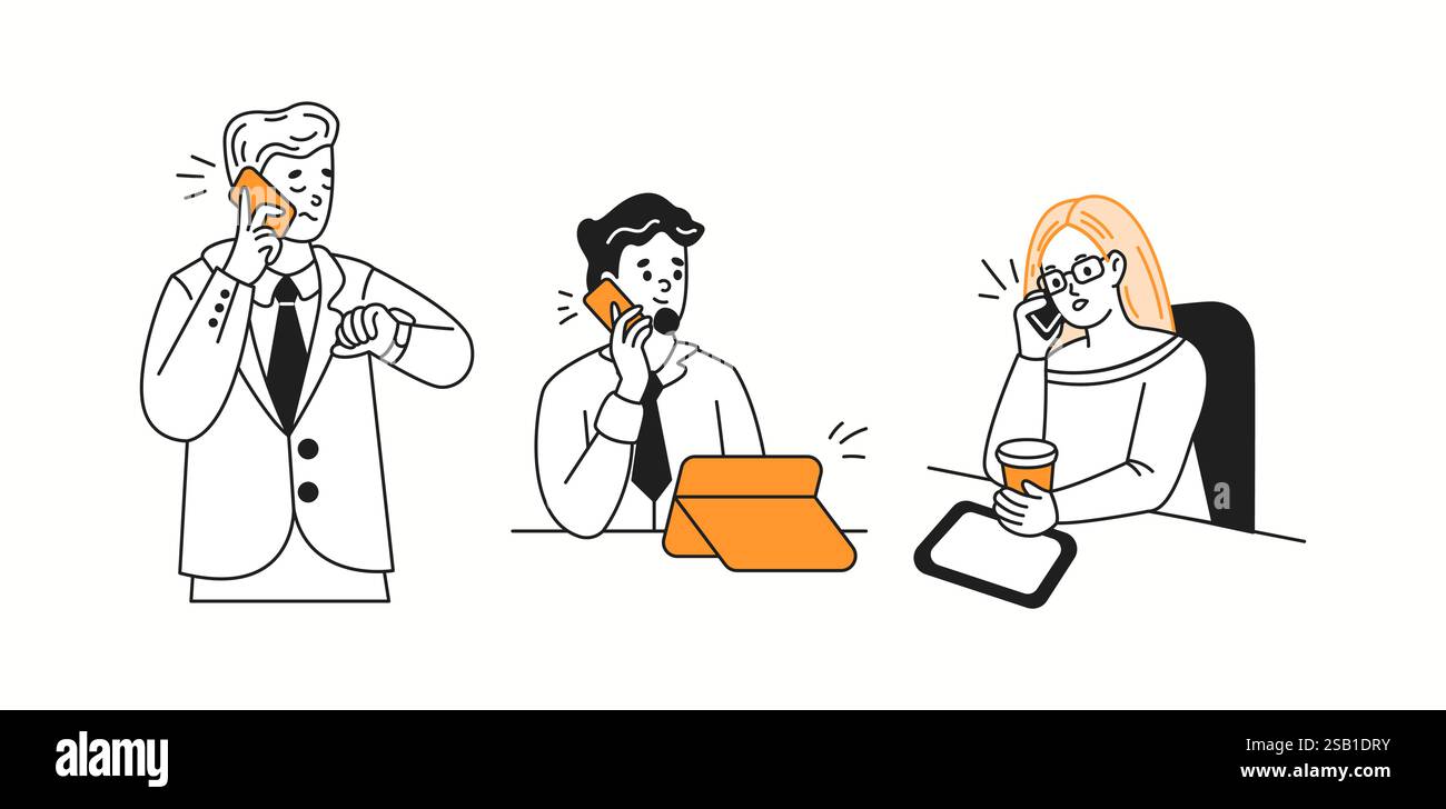 Office workers talk on phones solving work tasks color linear icons ...