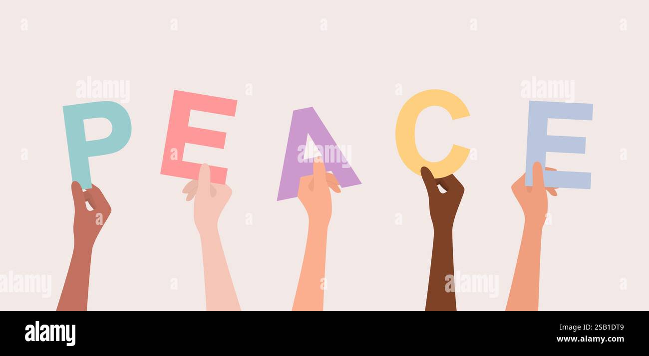 Hands of people of different nationalities holding up multicolored ...