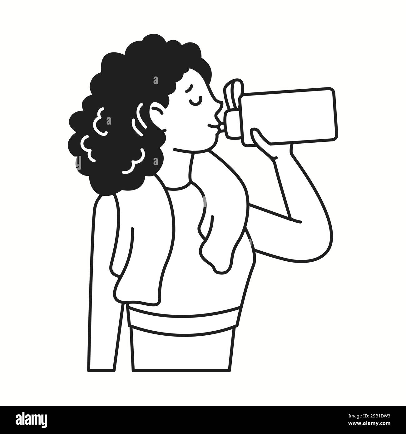 Woman drinks water from bottle after training linear icon. Lady athlete ...