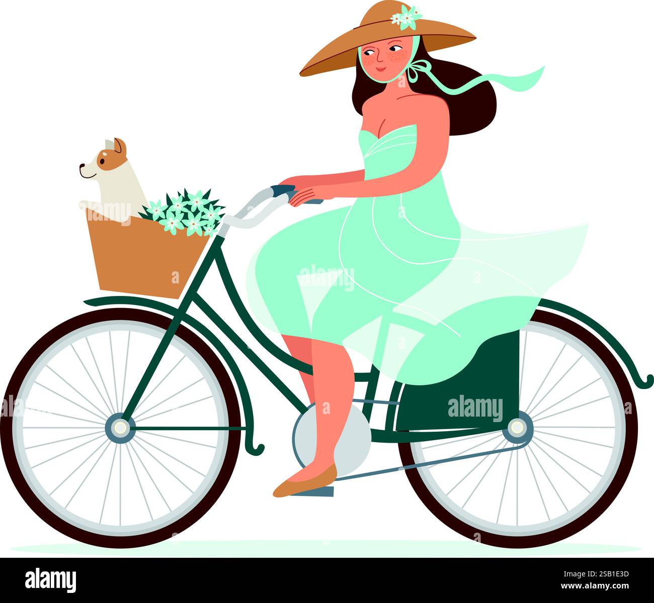 Romantic lady riding on a vintage bicycle with her dog in a basket ...