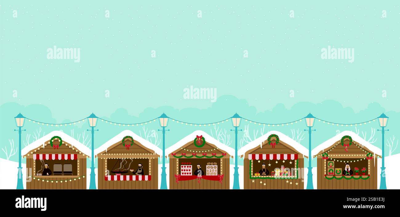 Christmas market wooden stalls kiosks vector illustration set. Market ...