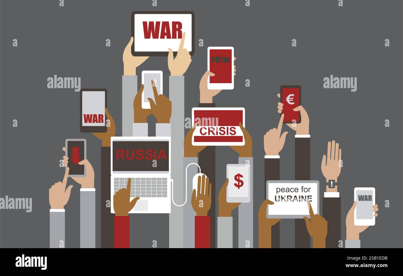 Press and mass media coverage of the war in Ukraine. Human hands ...