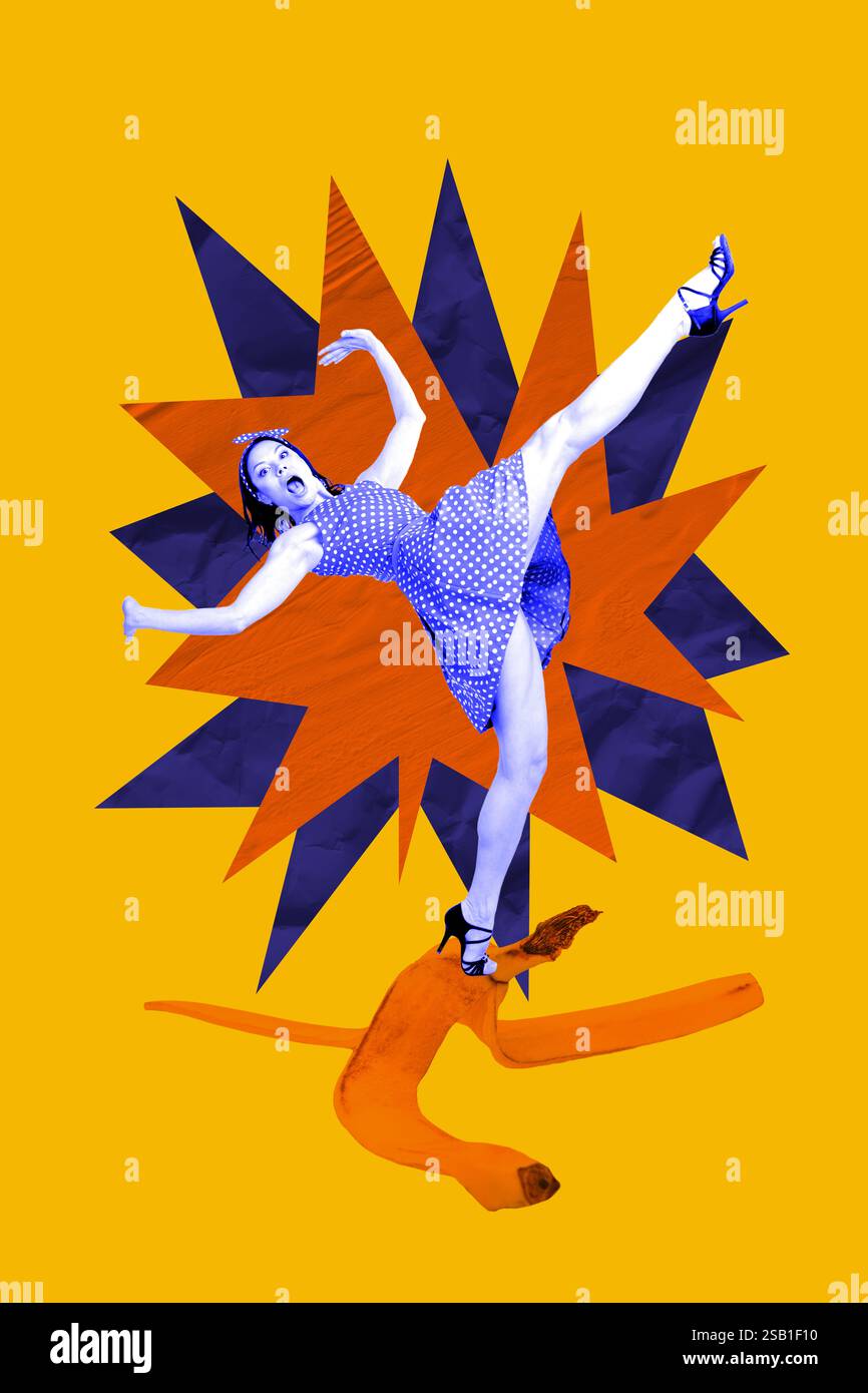 Art image vertical photo collage of astonished pinup girl stand banana ...