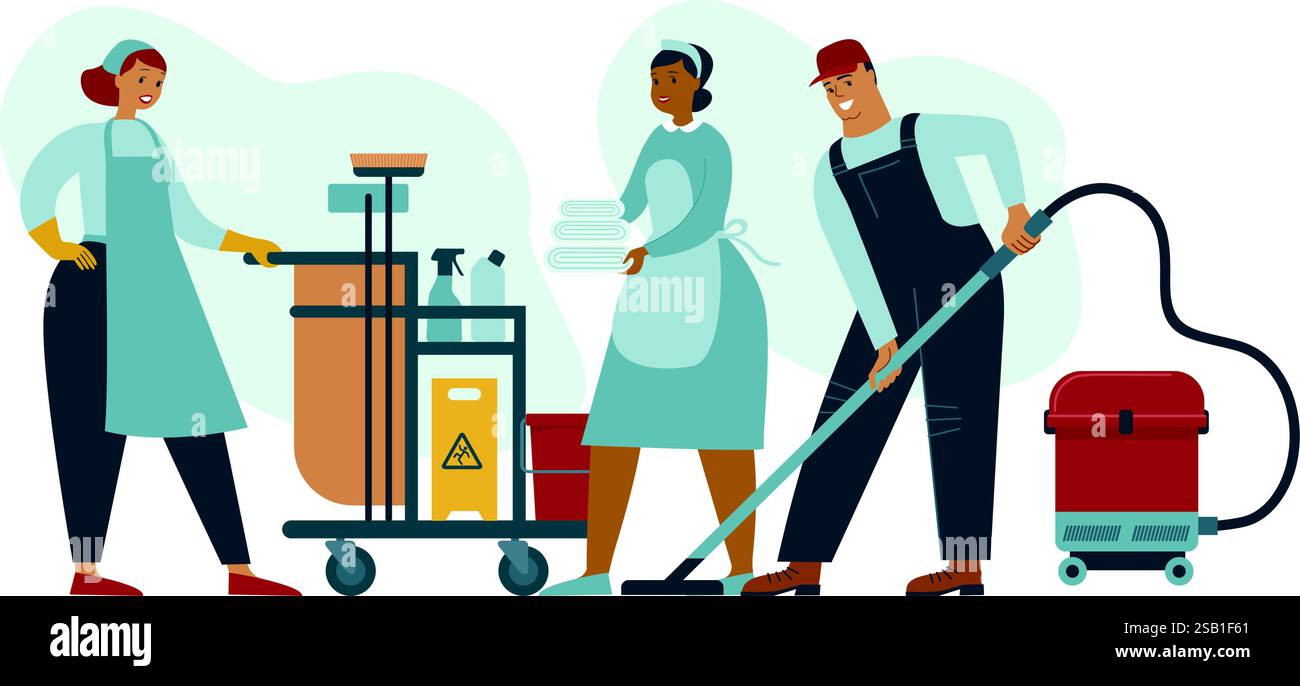 Cleaning team. Janitors in uniform. Professional cleaners, janitors and ...