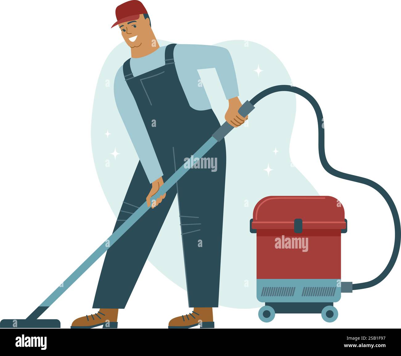 Man In Uniform with a vacuum cleaner. Janitor Vacuuming House Floor ...
