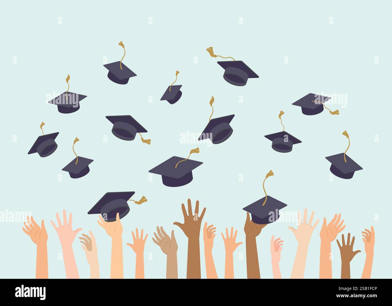 Multiracial people's hands throwing graduation hats in the air ...