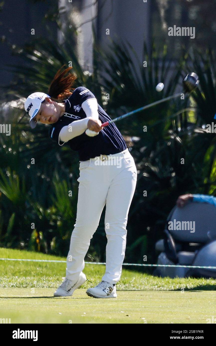 Rio Takeda tees off on the ninth hole during the first round of the ...
