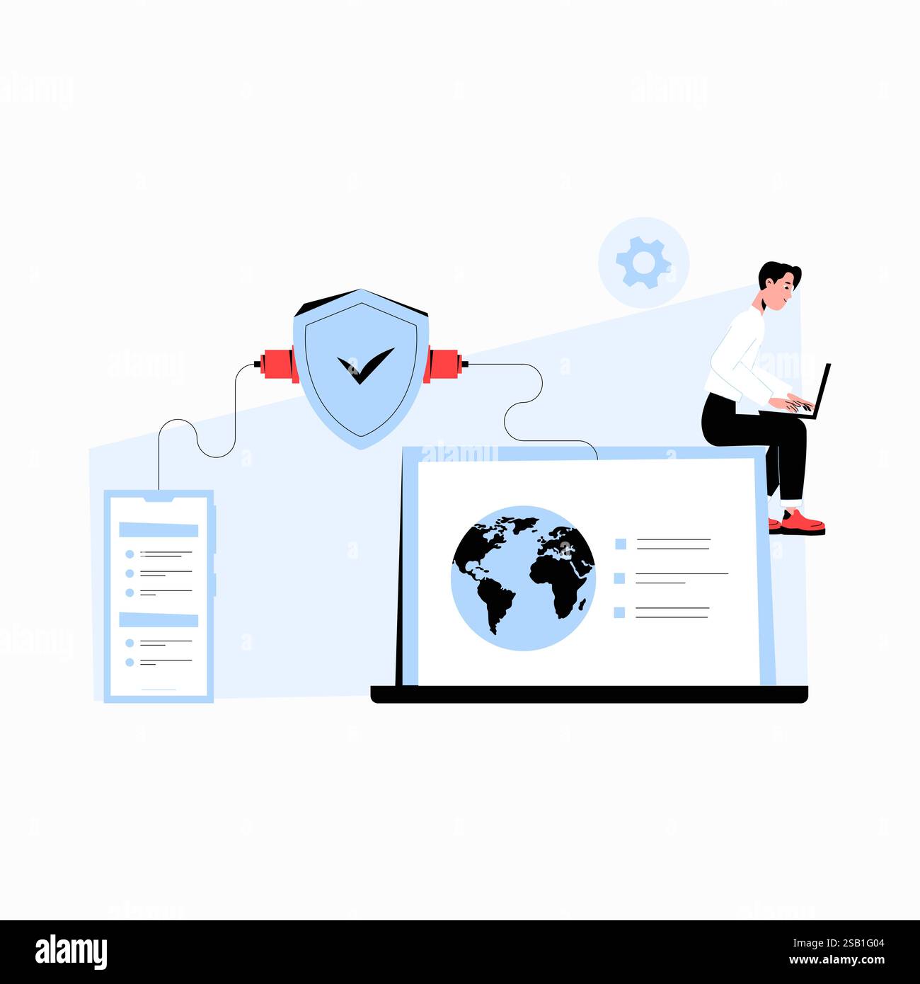 Man Sitting On Laptop With Cybersecurity Shield In Flat Vector ...