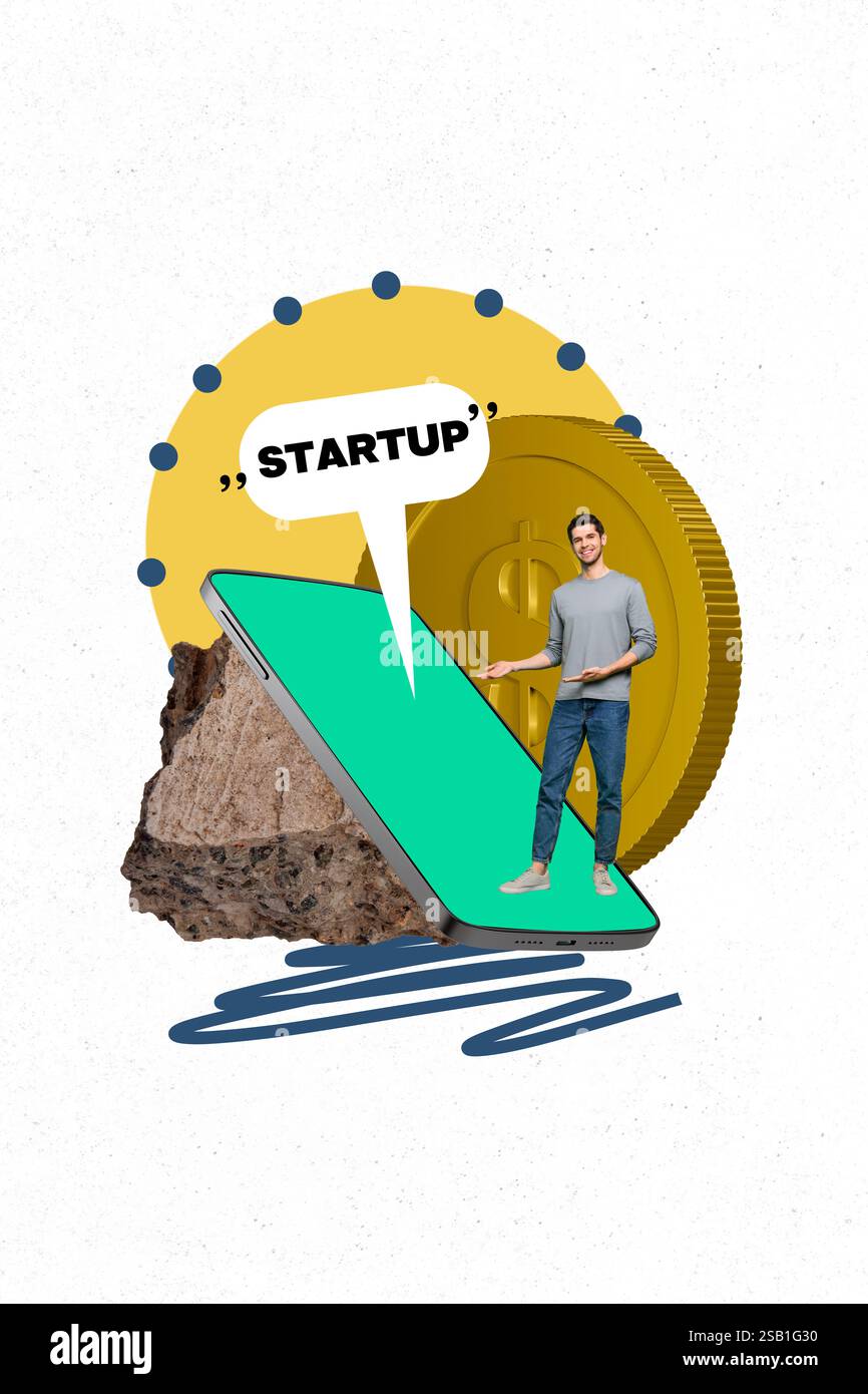 Sketch image artwork composite 3D photo collage of young man stand huge ...