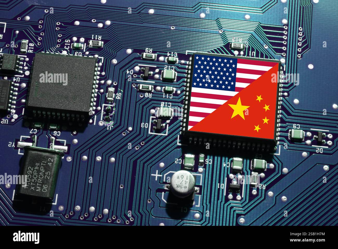 Flag of the Republic of China and the United States on microchip of a ...