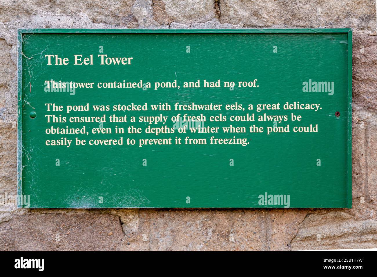 Sign at the Eel Tower where freshwater eels were kept in a pond for ...