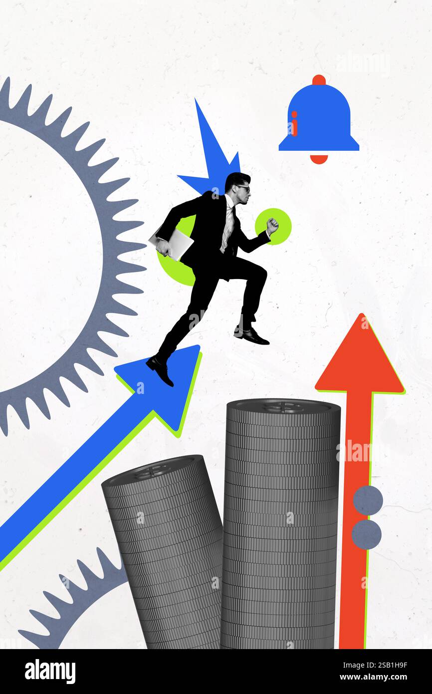 Composite trend artwork 3D sketch image photo collage of young man walk arrow up money pile ...